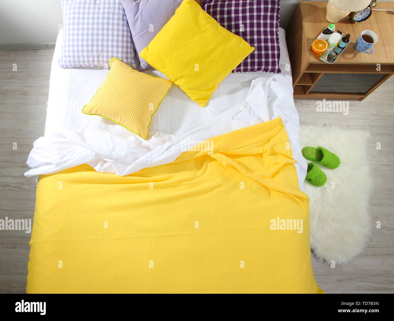 Medicines on nightstand near bed in room close-up Stock Photo - Alamy