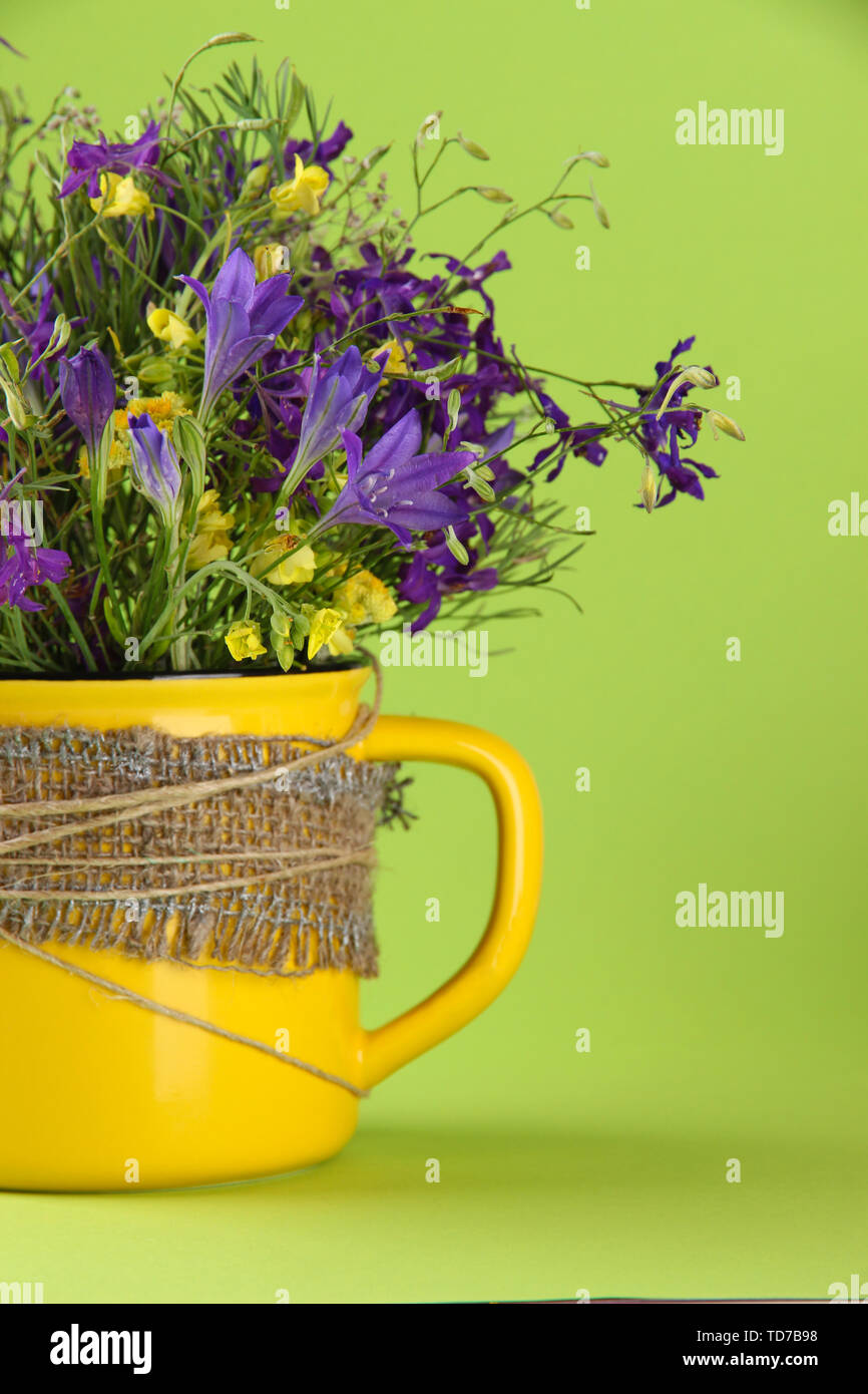 Beautiful bouquet of wildflowers in cup on green background Stock Photo ...