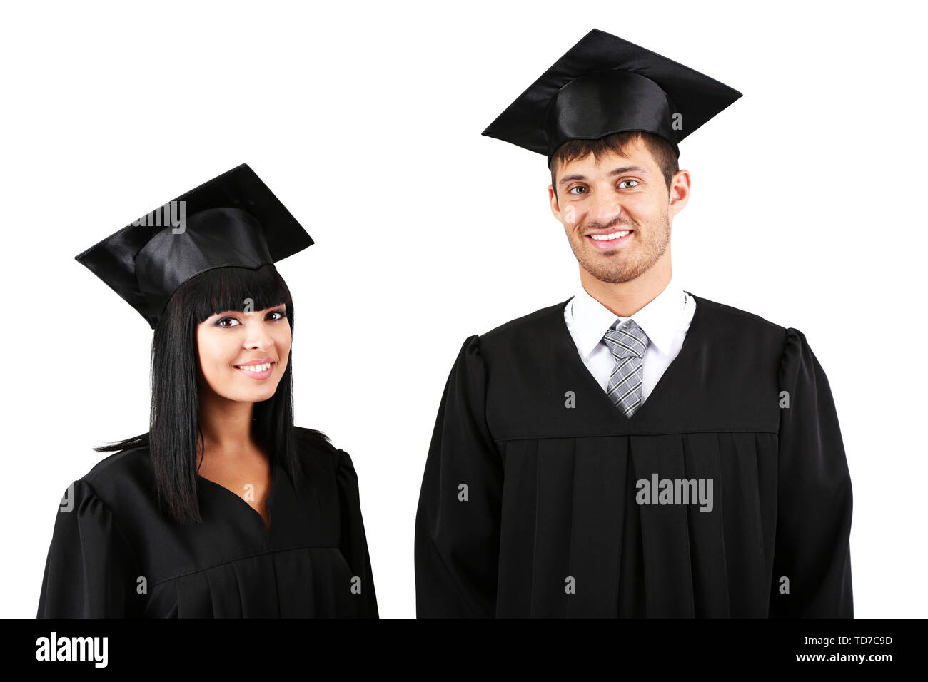 Two happy graduating students isolated on white Stock Photo - Alamy