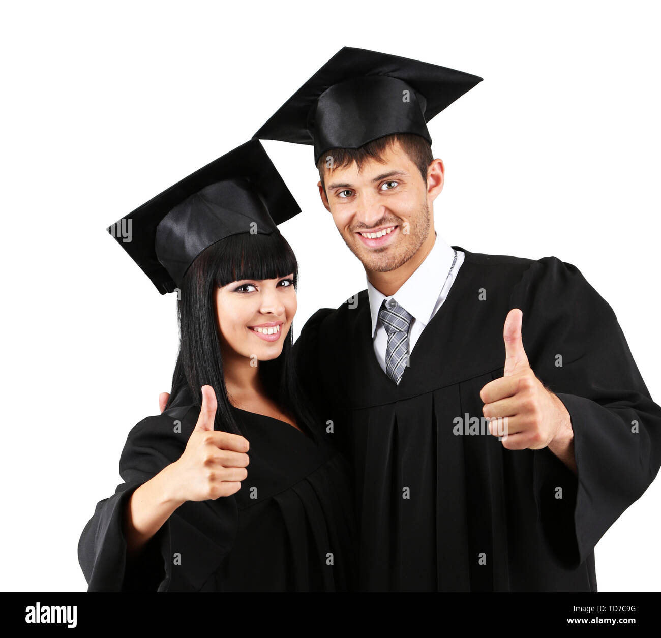 Two happy graduating students isolated on white Stock Photo - Alamy