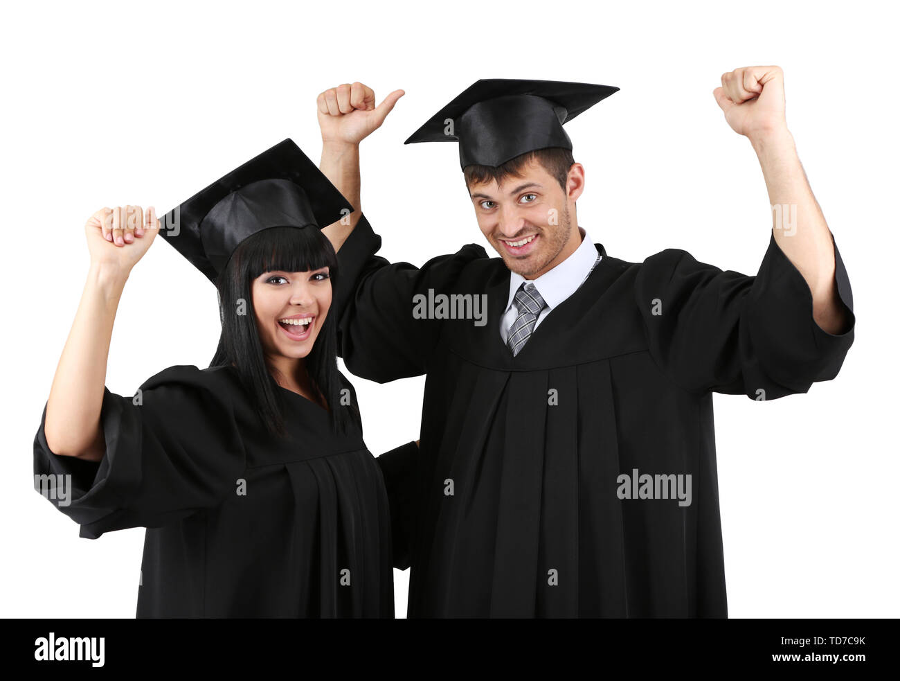 Two happy graduating students isolated on white Stock Photo - Alamy