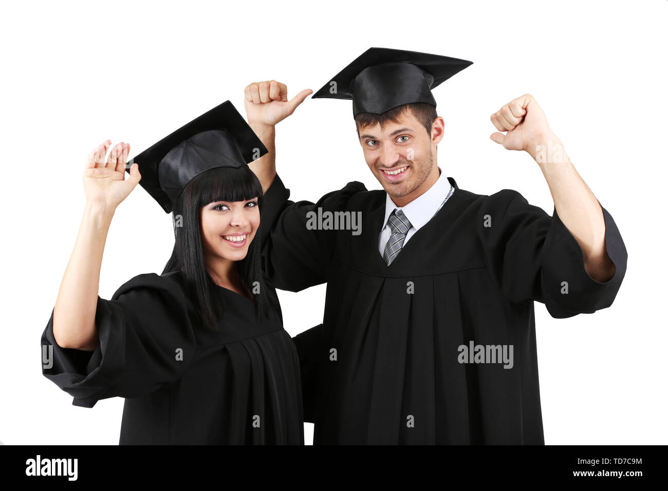 Two happy graduating students isolated on white Stock Photo - Alamy