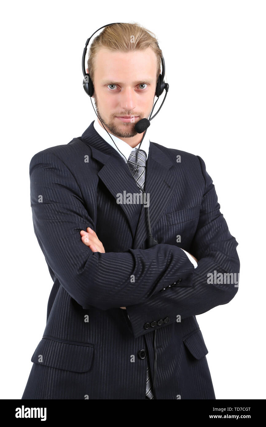 Call center operator isolated on white Stock Photo - Alamy