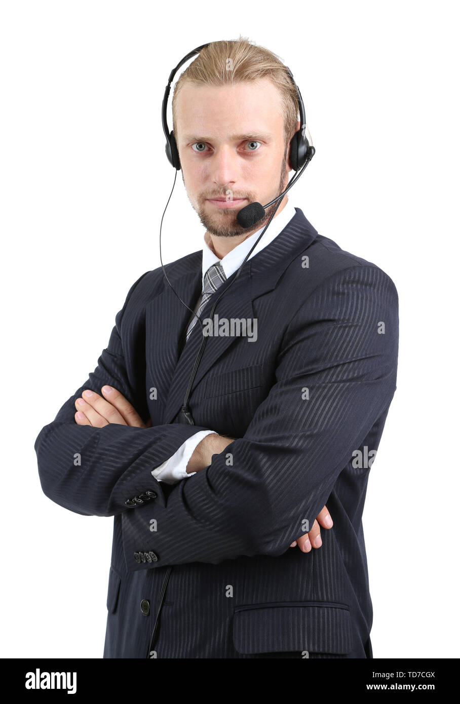 Call center operator isolated on white Stock Photo - Alamy