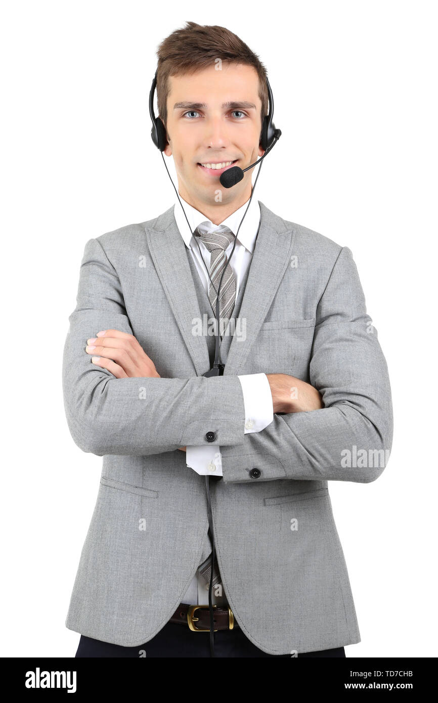 Call center operator isolated on white Stock Photo - Alamy