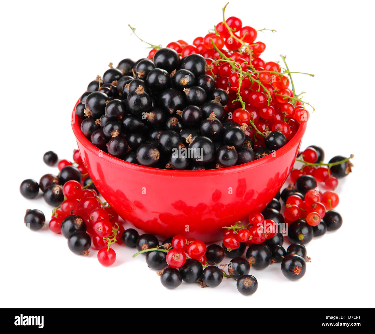 Red and black currant in bowl isolated on white Stock Photo - Alamy
