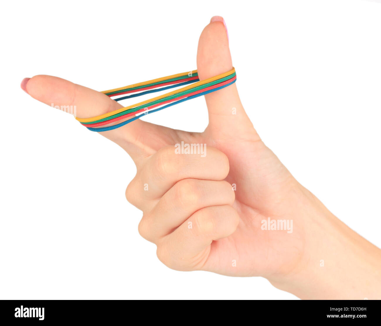 Colorful rubber bands in hand isolated on white Stock Photo - Alamy