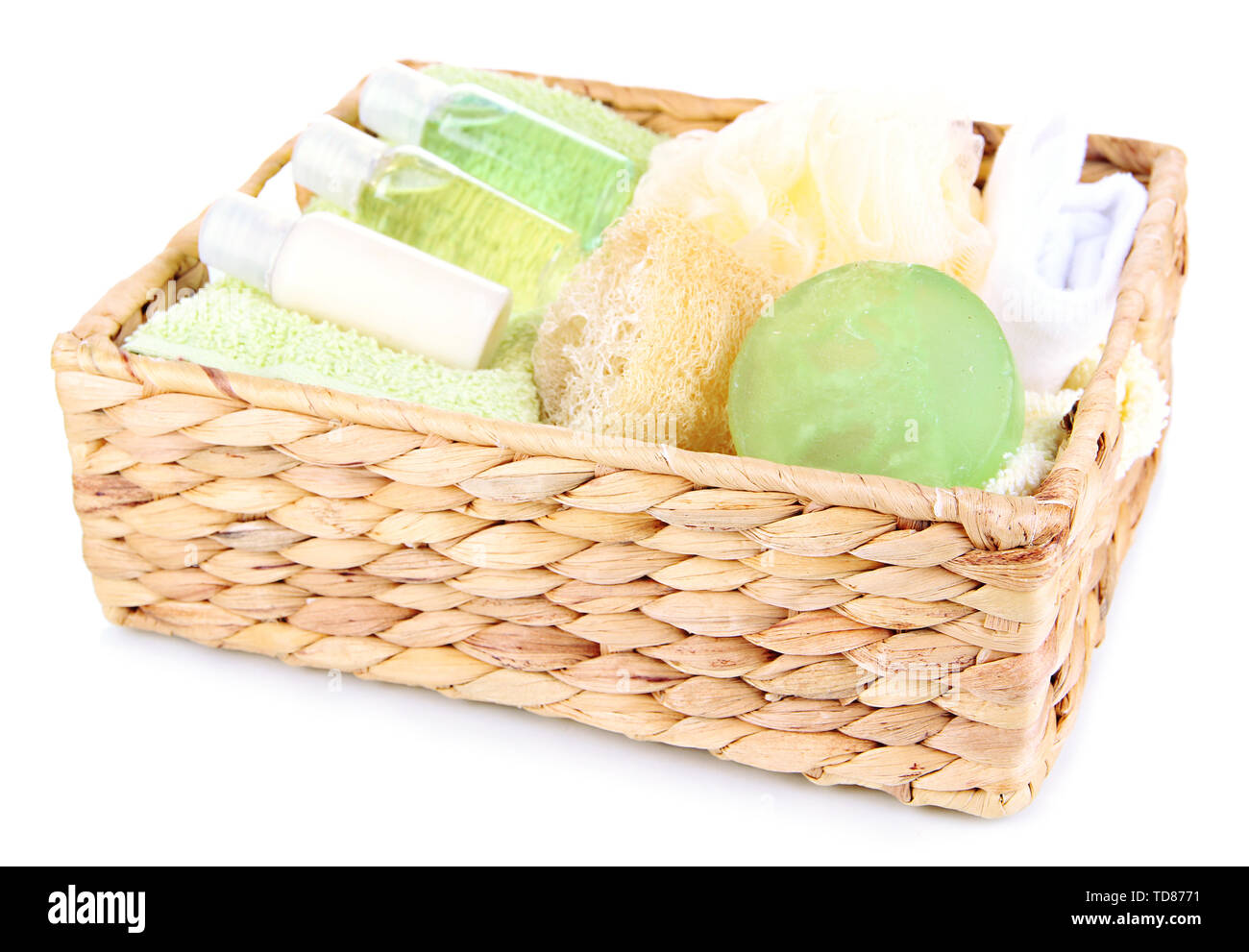Set for spa in wicker basket, isolated on white Stock Photo - Alamy