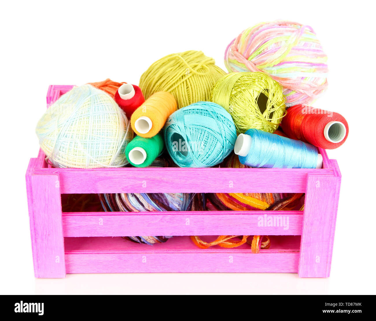 Wooden box with thread and sewing accessories isolated on white Stock ...