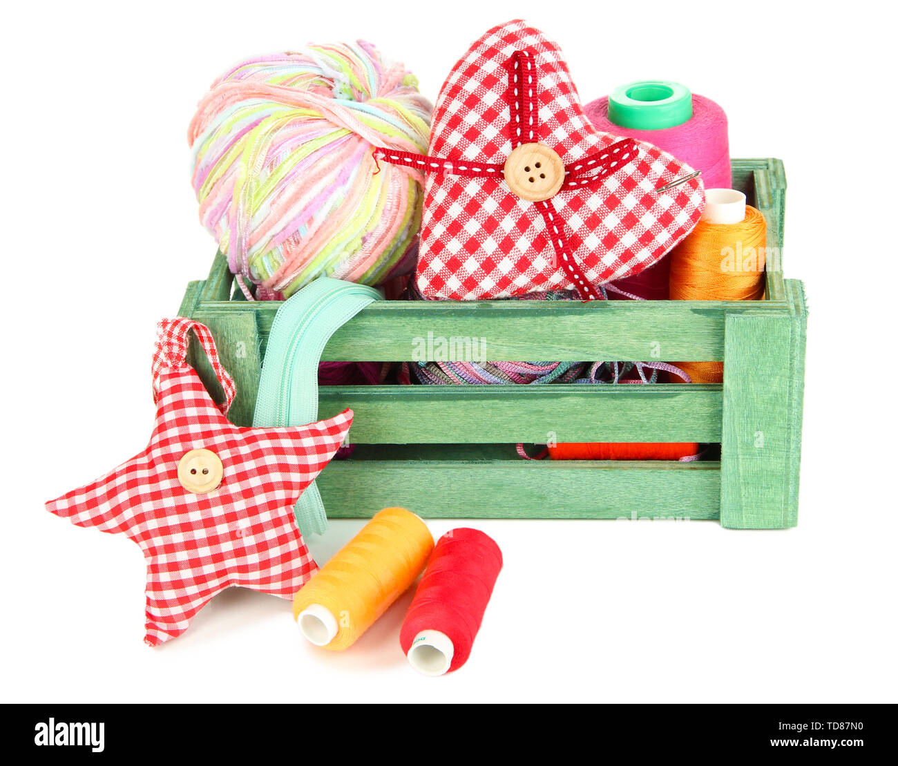 Wooden box with thread and sewing accessories isolated on white Stock ...