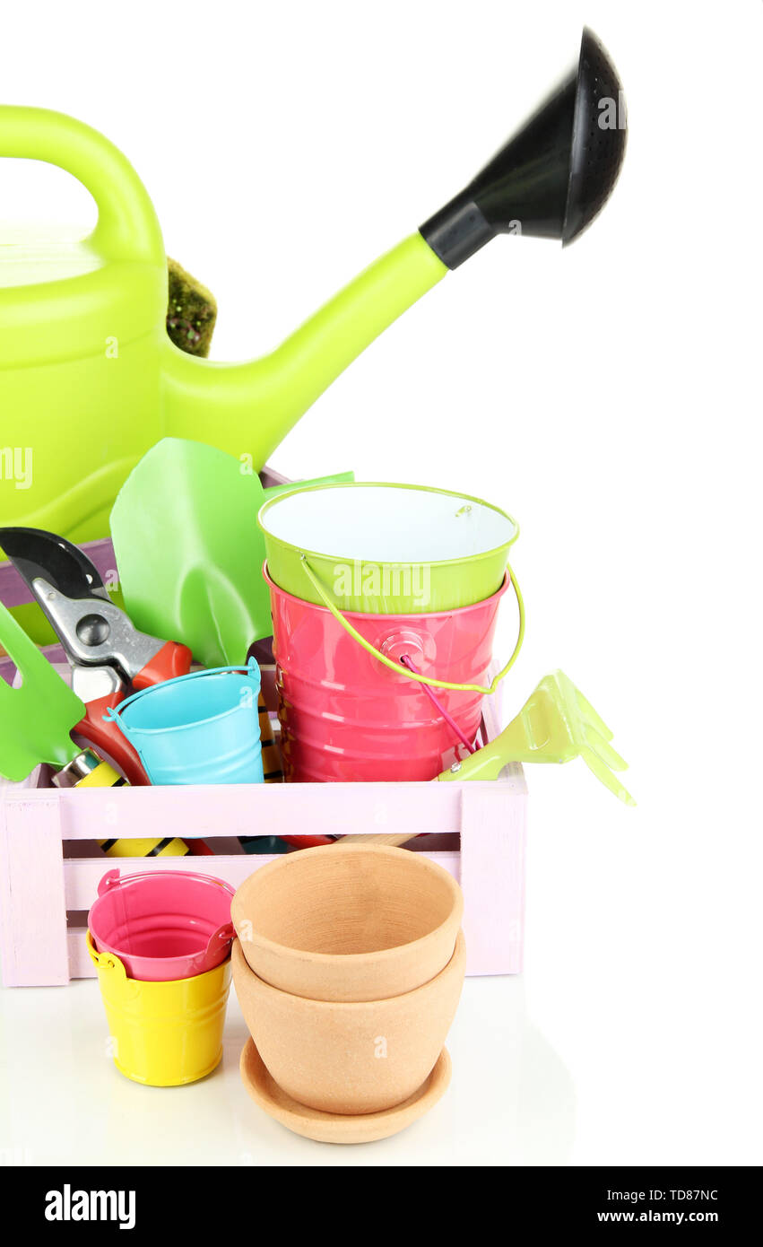 Wooden boxes with garden tools isolated on white Stock Photo - Alamy