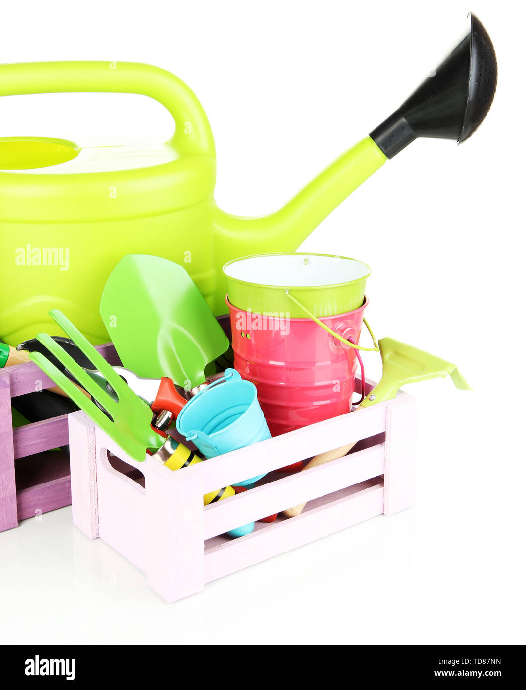 Wooden boxes with garden tools isolated on white Stock Photo - Alamy