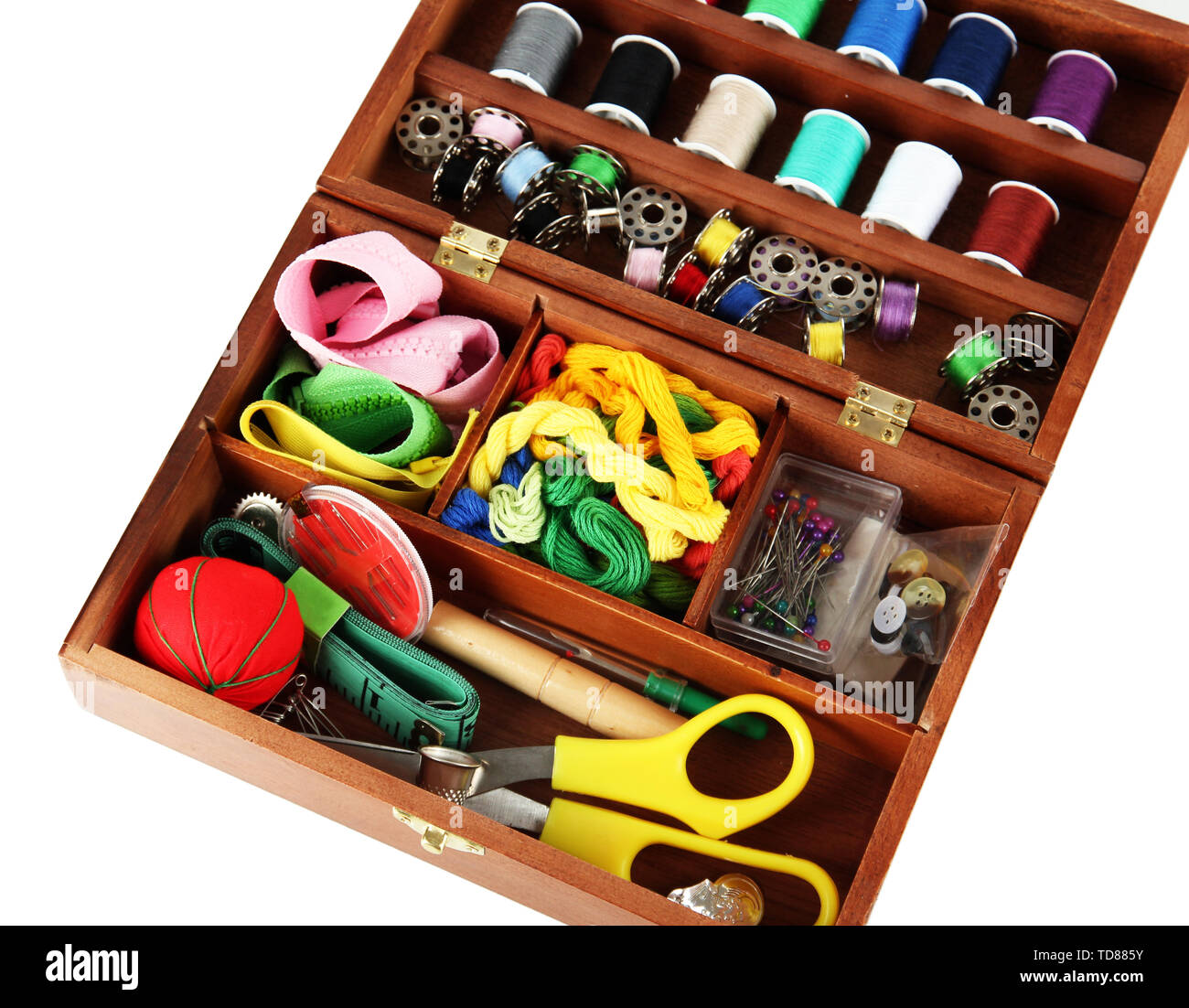Sewing kit in wooden box isolated on white Stock Photo - Alamy