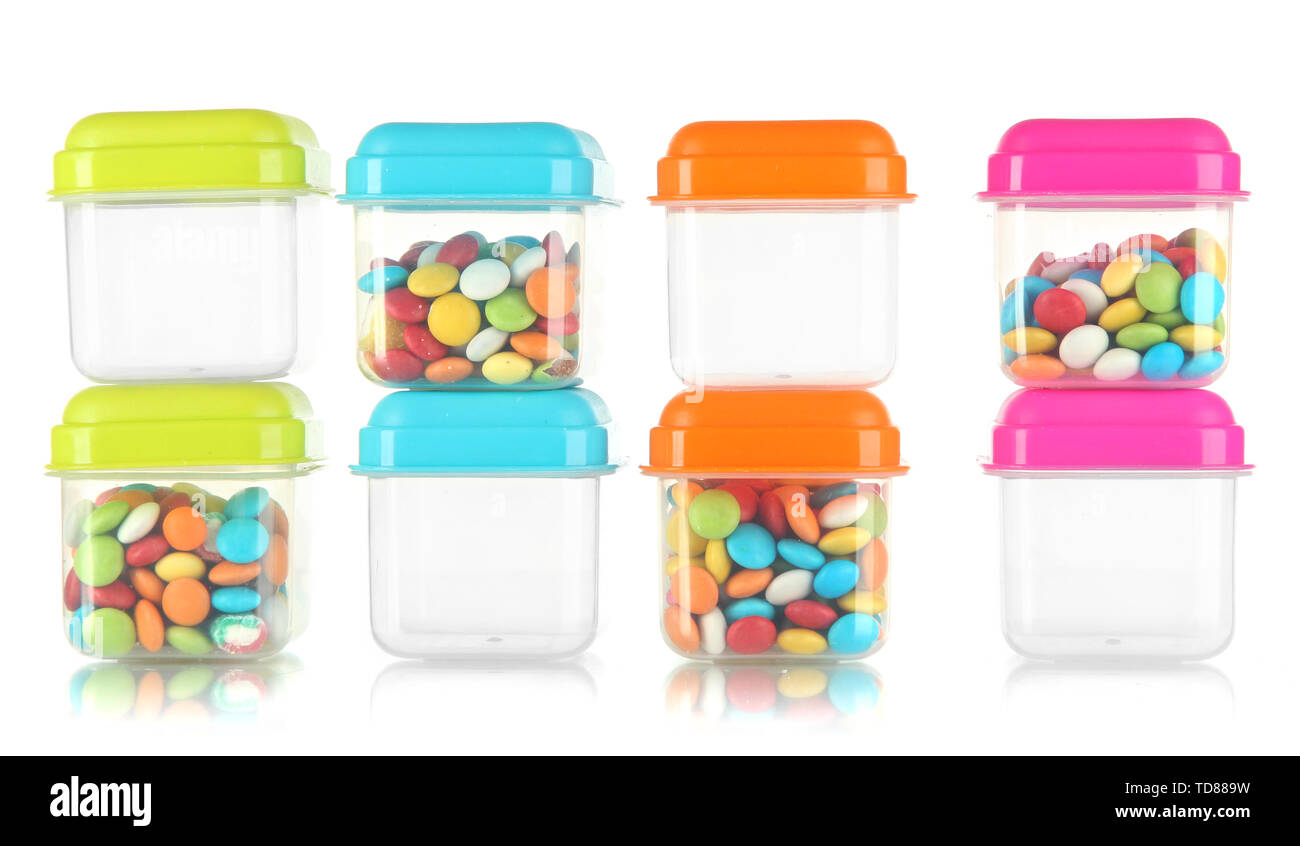 Empty and full of plastic containers isolated on white Stock Photo - Alamy