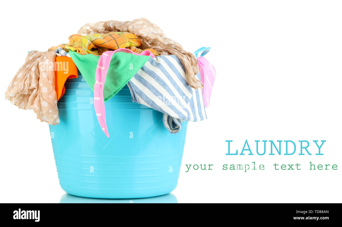 Blue laundry basket isolated on white Stock Photo - Alamy