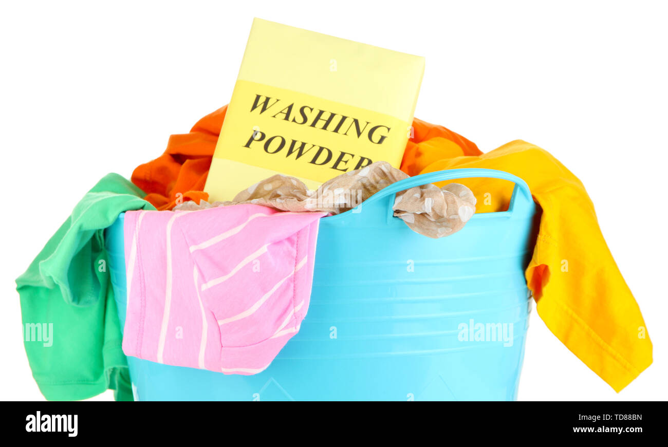 Blue laundry basket isolated on white Stock Photo - Alamy