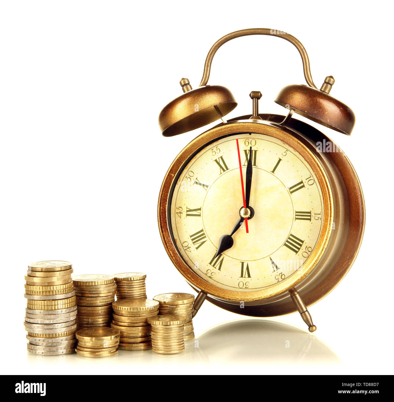 Antique clock and coins isolated on white Stock Photo - Alamy