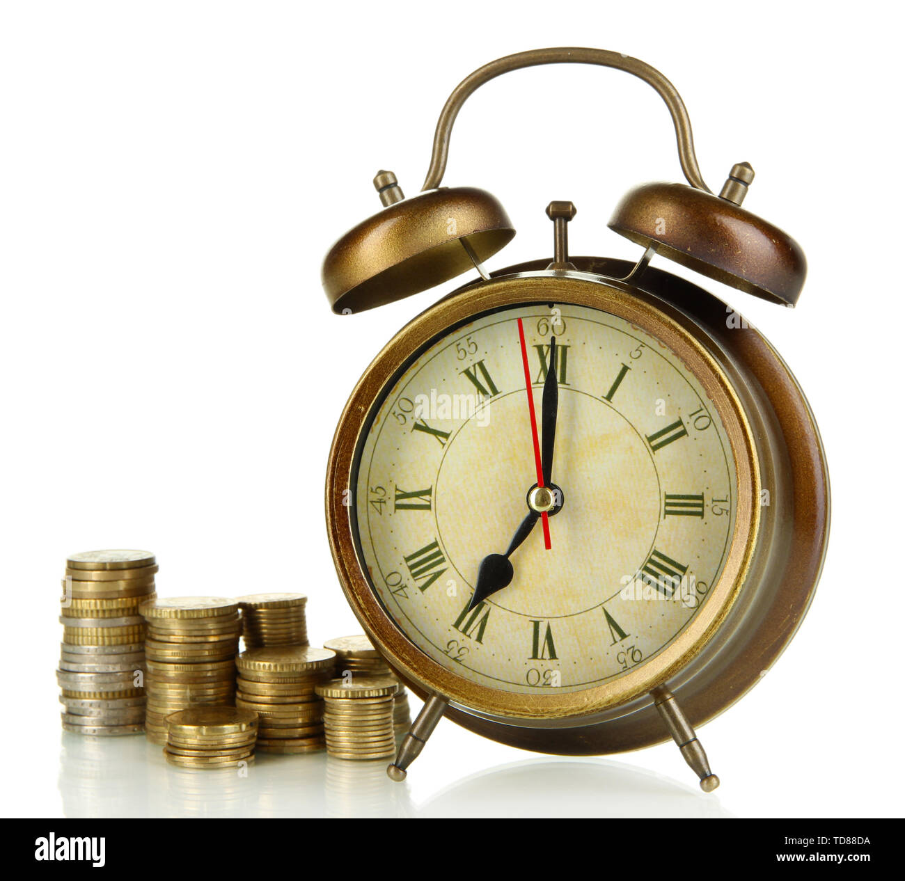 Antique clock and coins isolated on white Stock Photo - Alamy