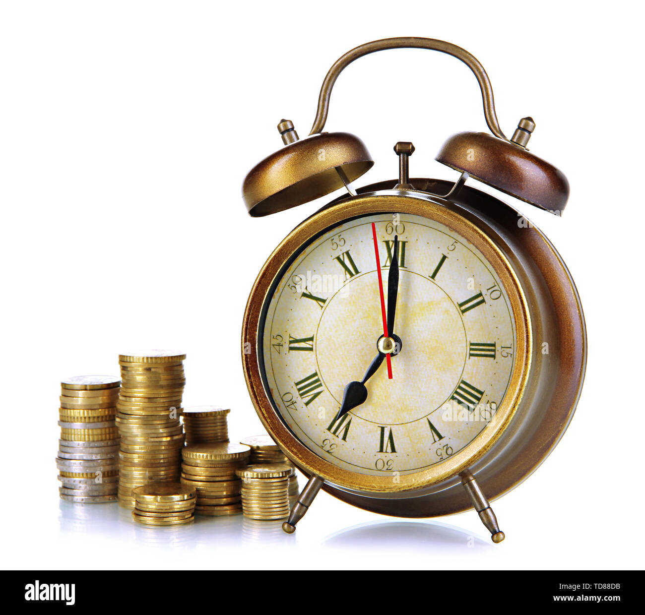 Antique clock and coins isolated on white Stock Photo - Alamy