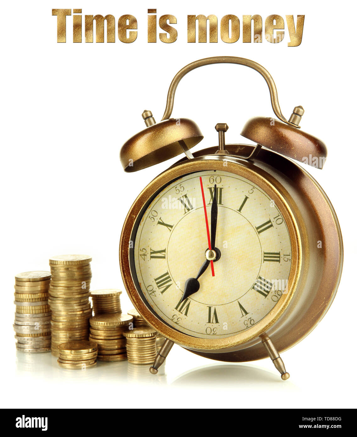 Antique clock and coins isolated on white Stock Photo - Alamy