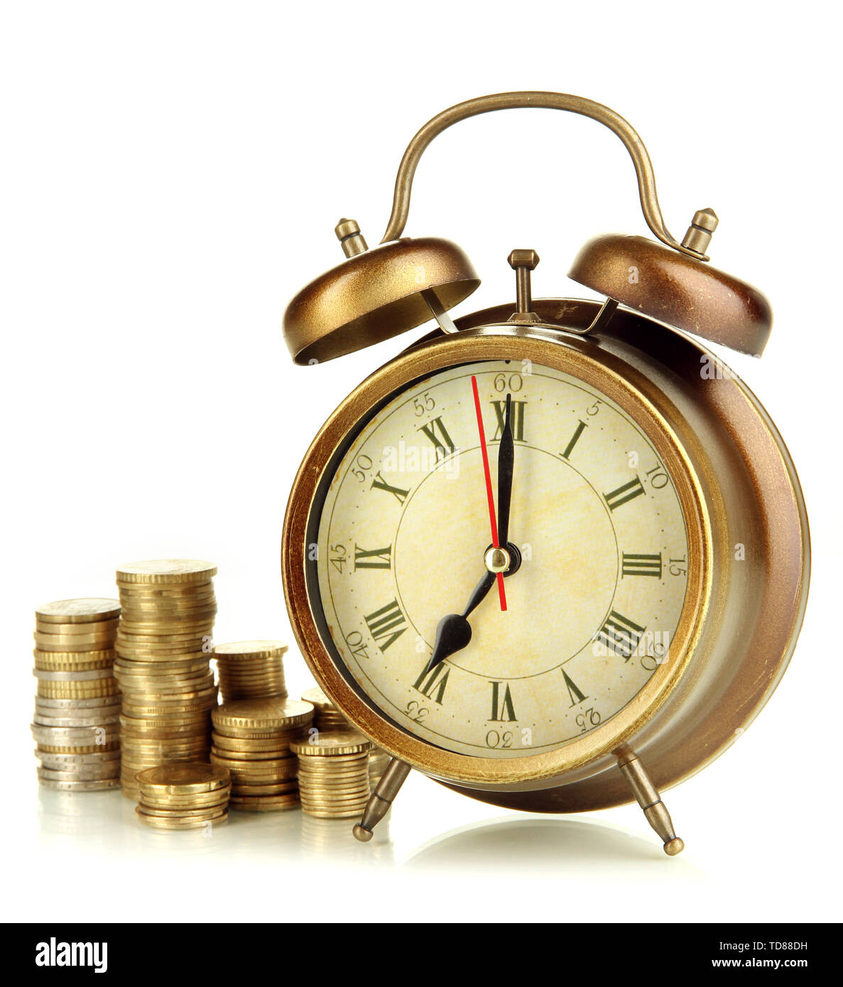 Antique clock and coins isolated on white Stock Photo - Alamy
