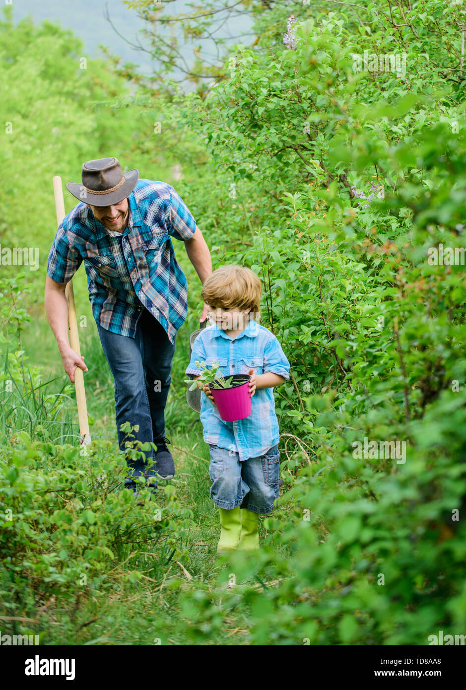 Planting flowers. Growing plants. Boy and father in nature with ...