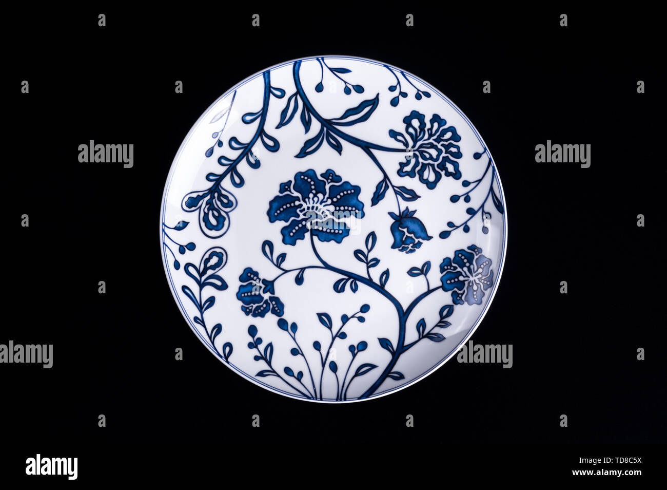 Chinese traditional blue and white porcelain on a black background ...