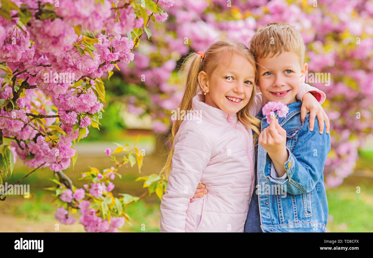 Romantic babies. Kids enjoying pink cherry blossom. Tender love ...