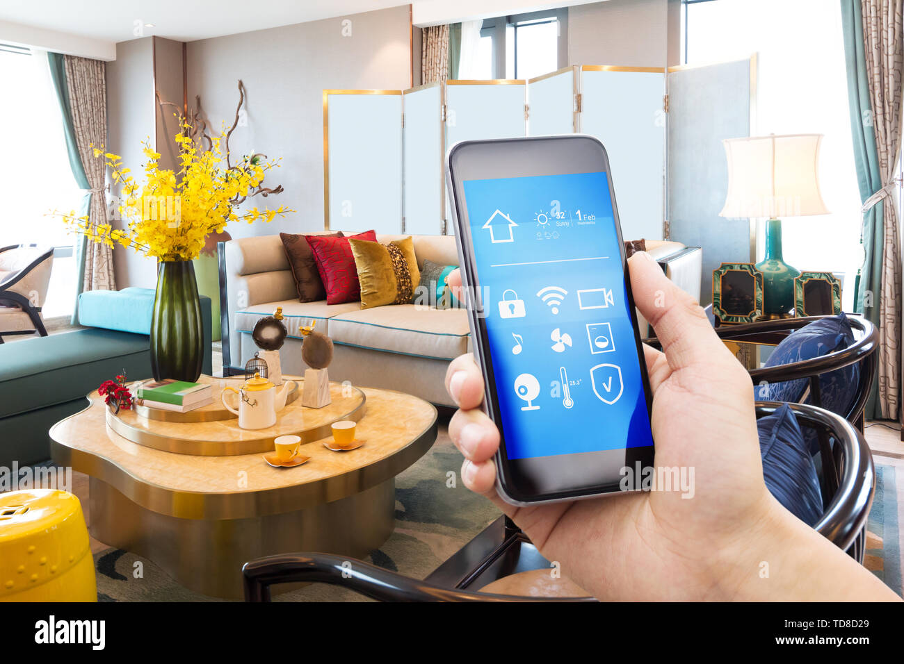 smart phone with smart home with modern living room Stock Photo - Alamy