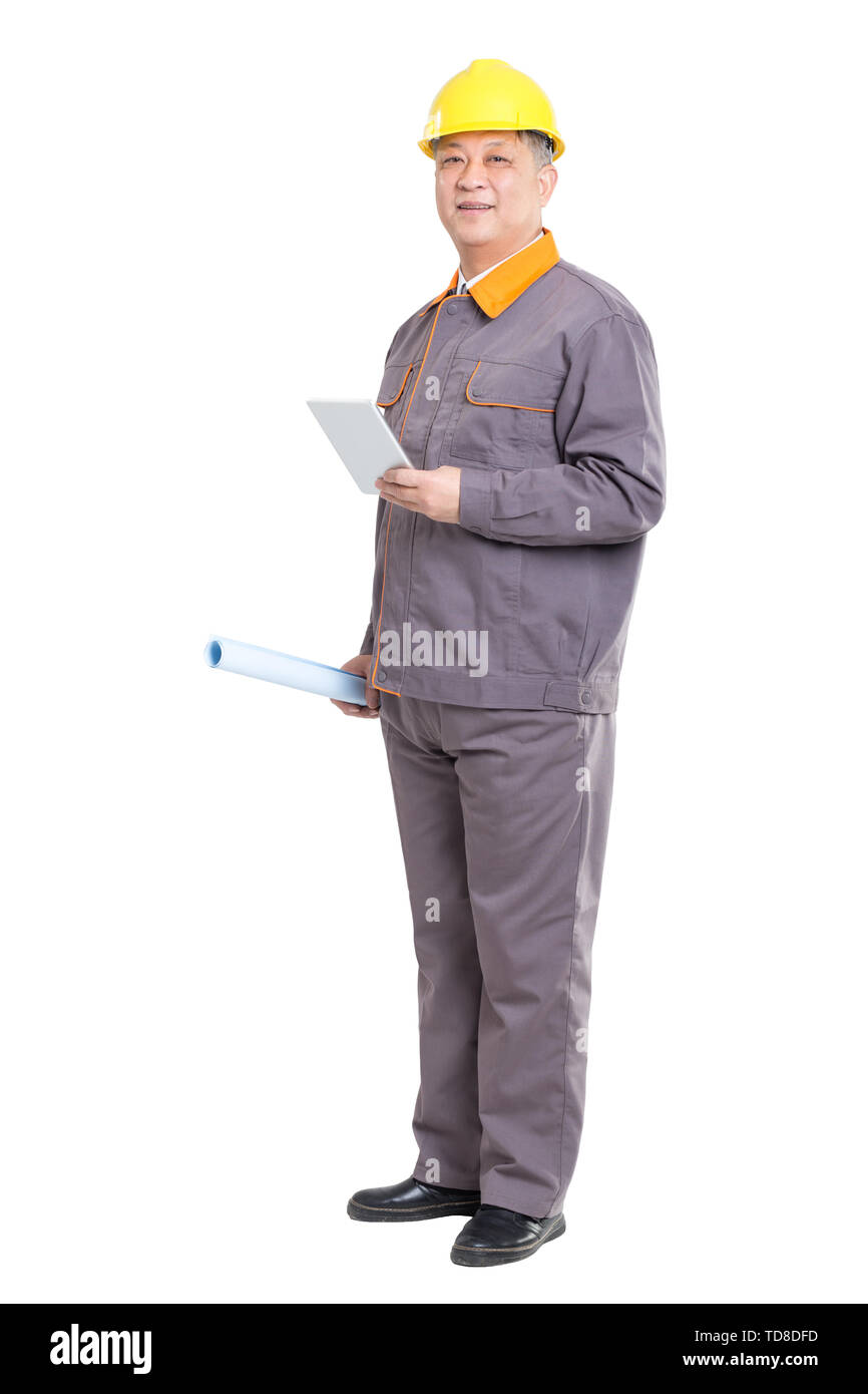 isolated engineer in hardhat with blueprint and tablet Stock Photo - Alamy