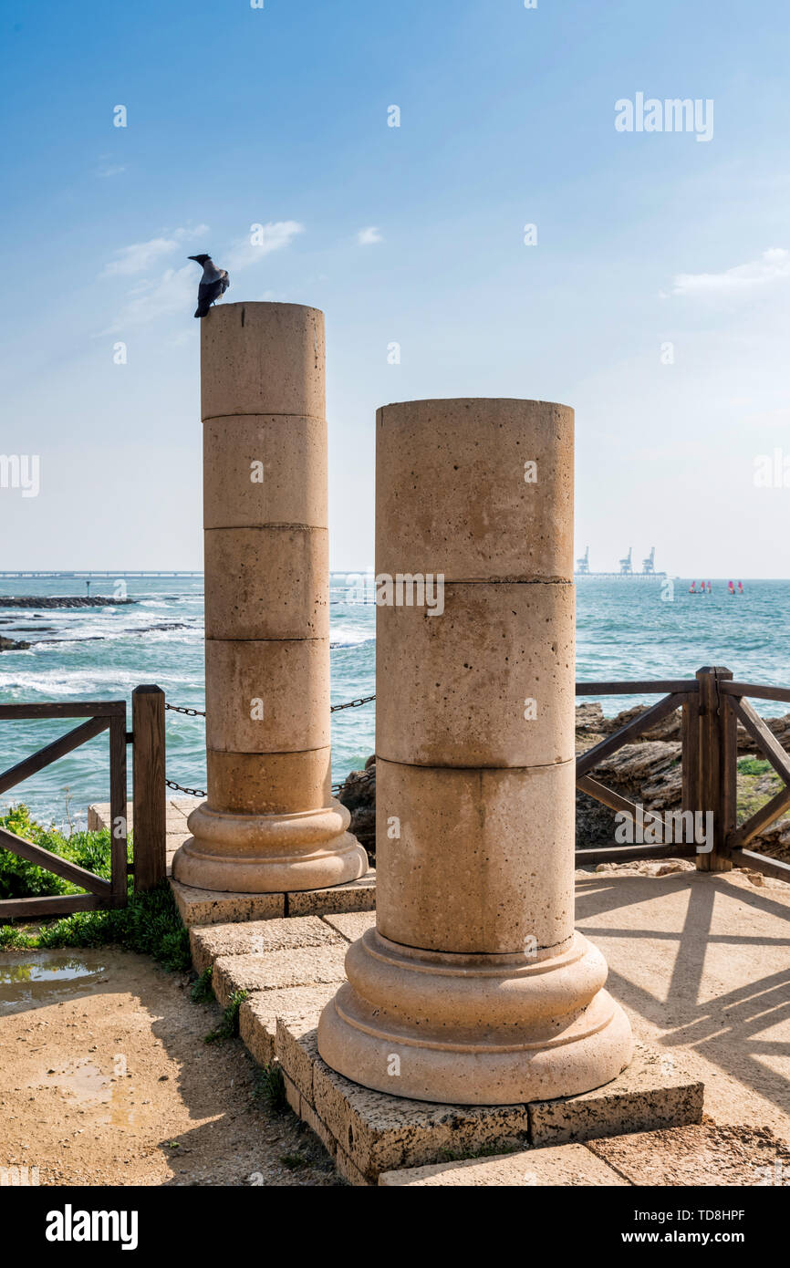 Two ancient columns since the Roman times guard the coast of Caesarea ...