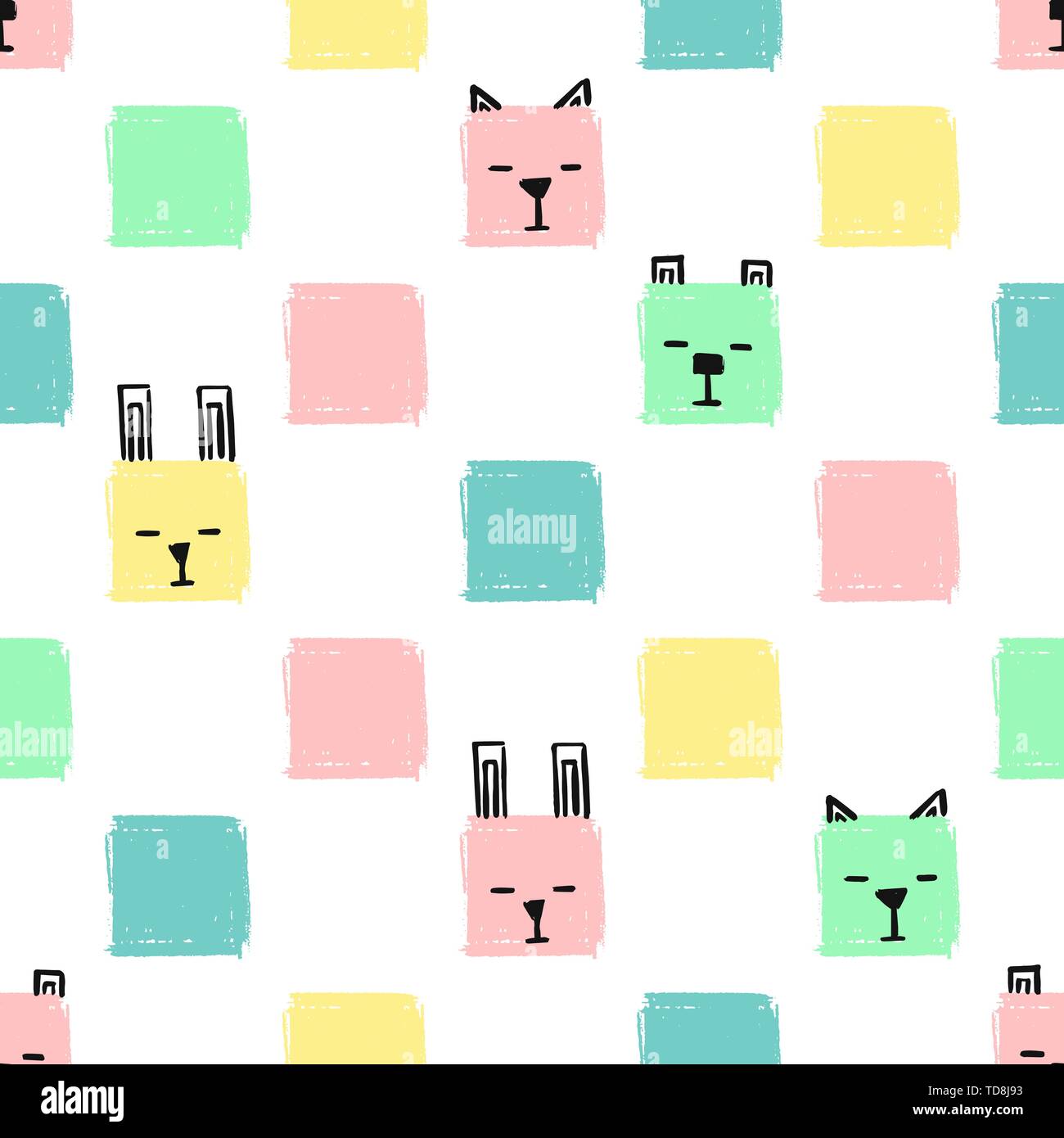 Kawaii Squares Animals Seamless pattern. Vector Hand Draw Background ...
