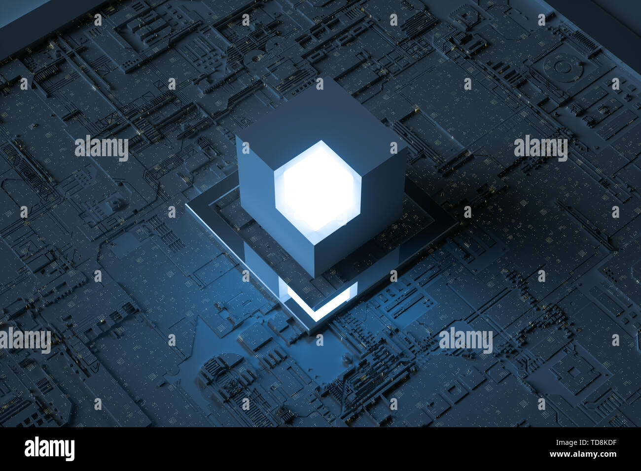 Three-dimensional rendering, circuit board with blue chip Stock Photo ...