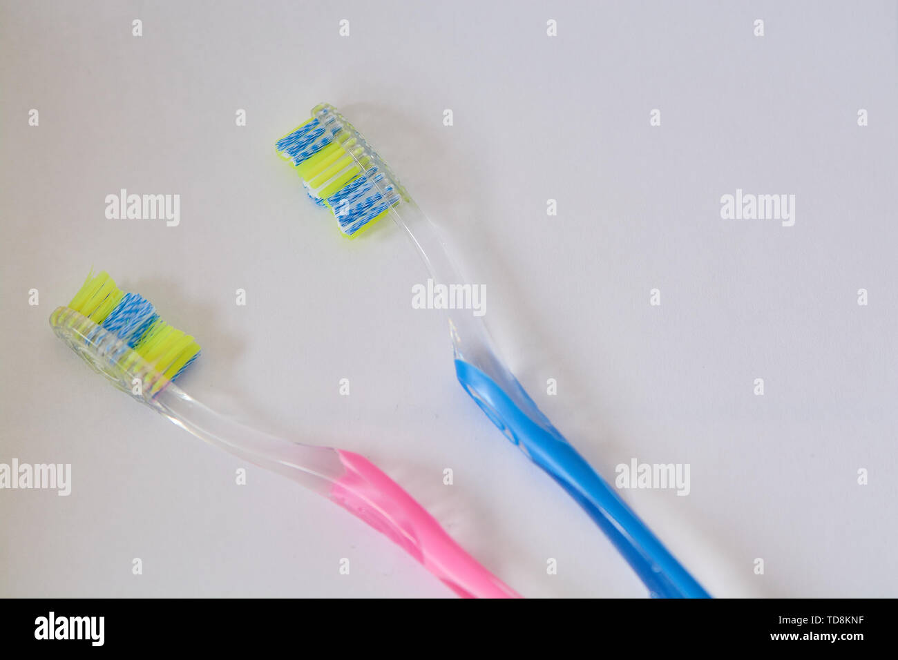 Pink and blue toothbrush on a white background. The concept of healthy ...