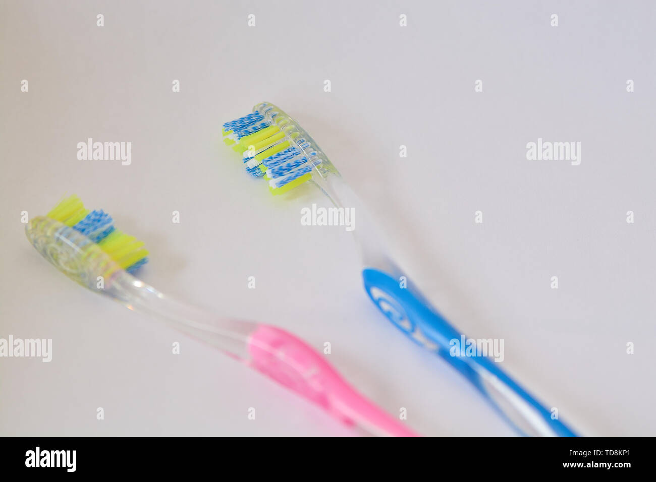 Pink and blue toothbrush on a white background. The concept of healthy ...