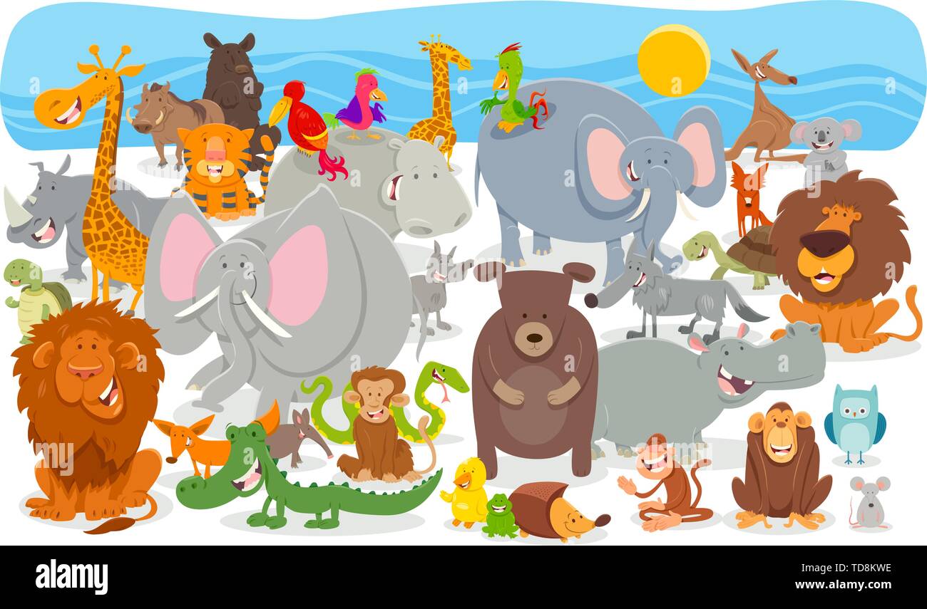 Cartoon Illustration of Happy Wild Animal Huge Comic Characters Group ...