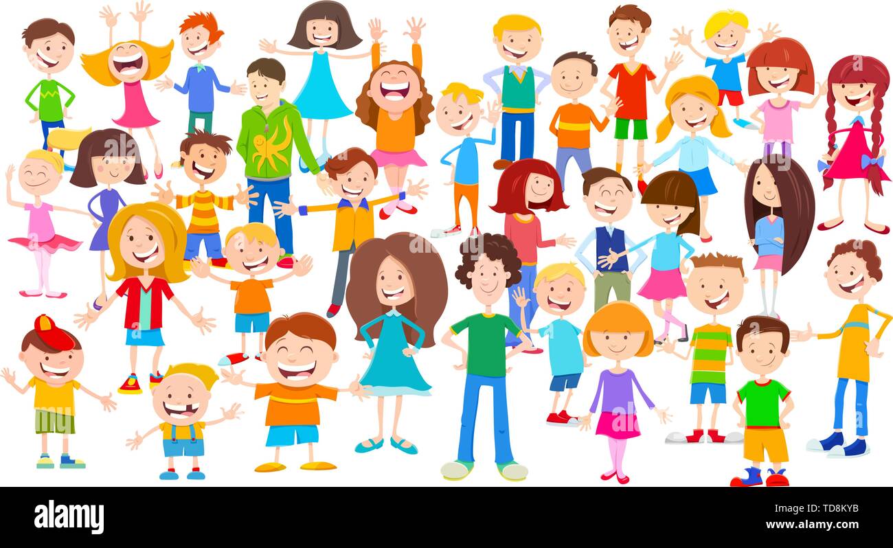 Cartoon Illustration of Happy Elementary Age Kids or Teen Characters ...