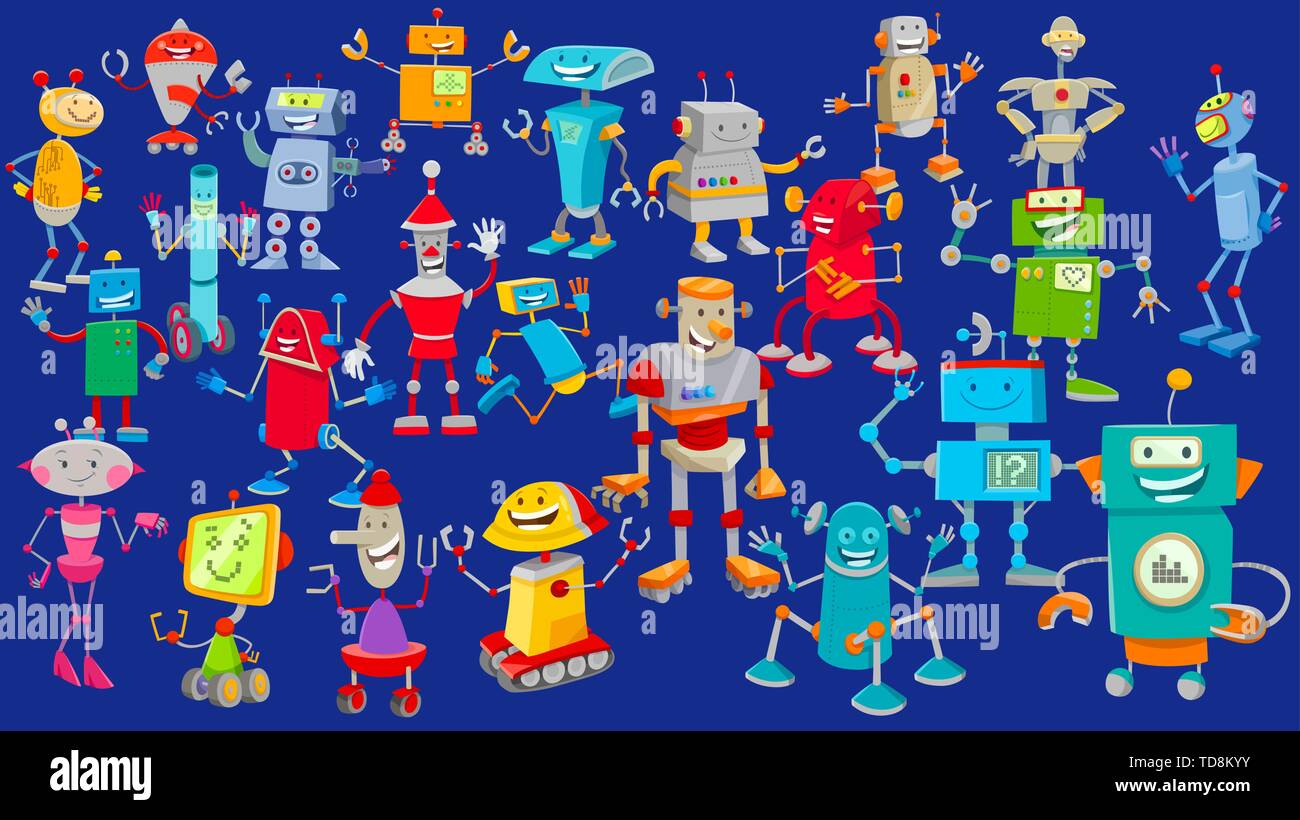 Cartoon Illustration of Funny Robots or Droids Fantasy or Science ...