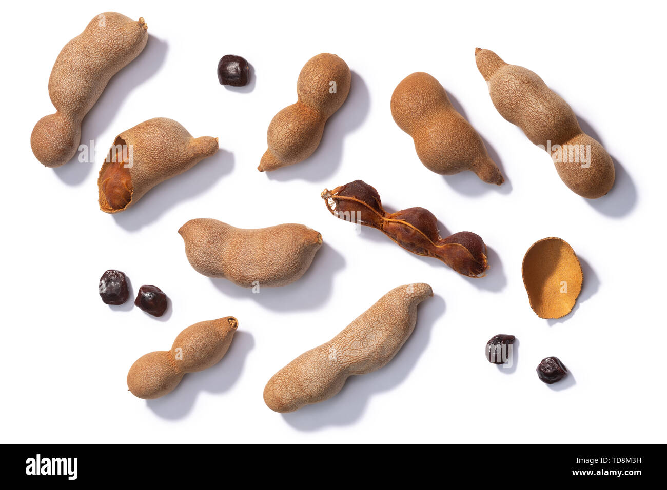 Tamarind pods (Tamarindus indica fruits): whole, cracked, seeds. Top ...