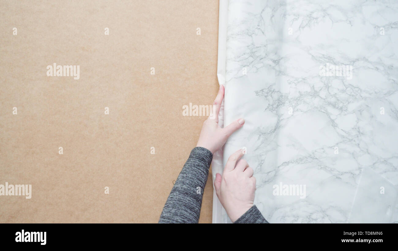 Flat lay. Making marble board with adhesive paper for food photography ...