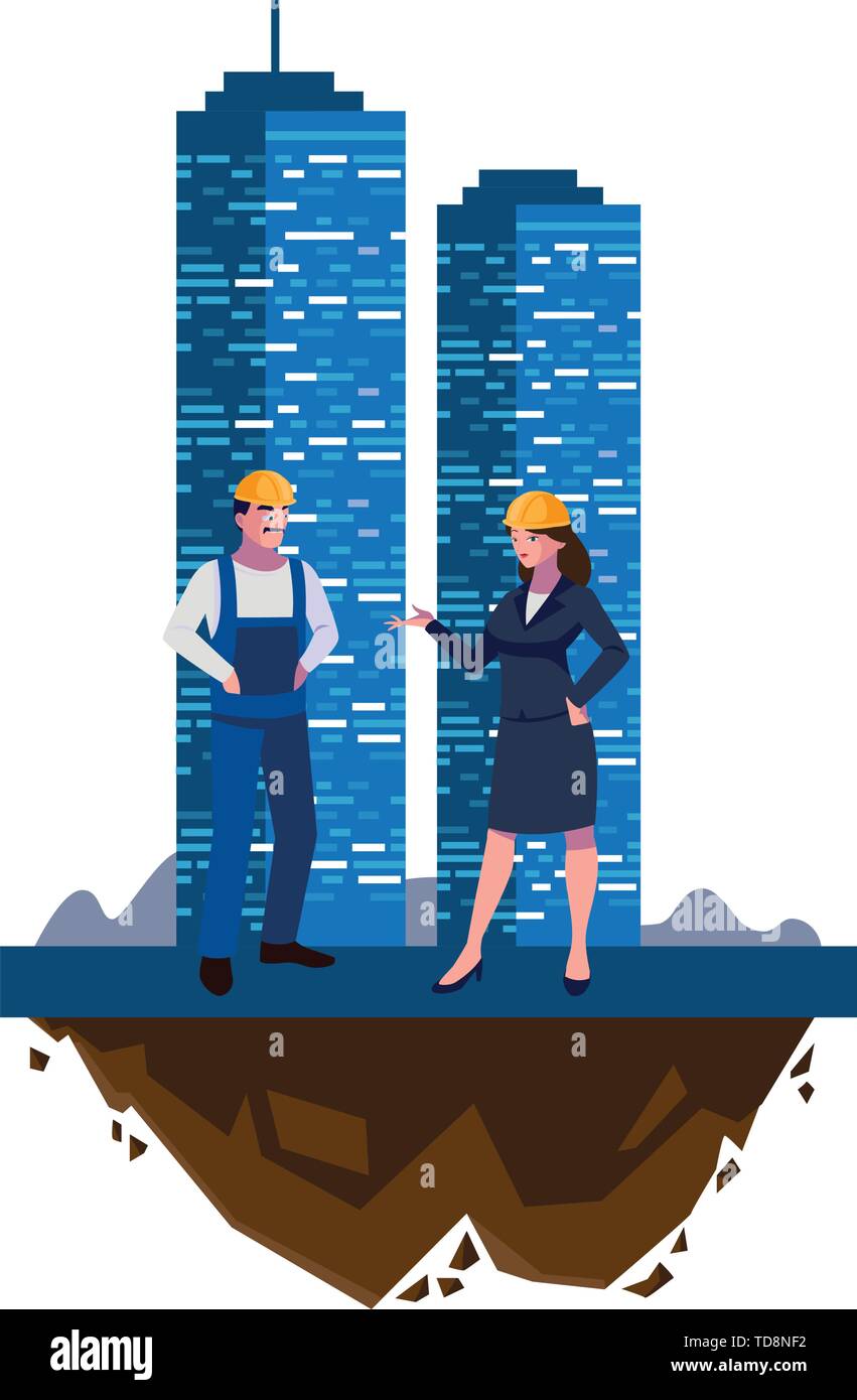 male builder constructor with woman engineer and building vector ...