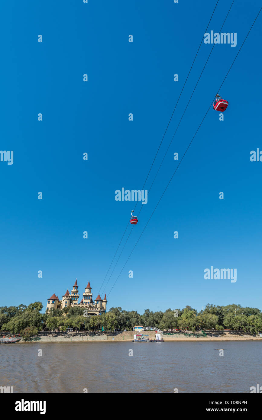 Cross-river ropeway in autumn sunny sun island scenic spot in Harbin ...