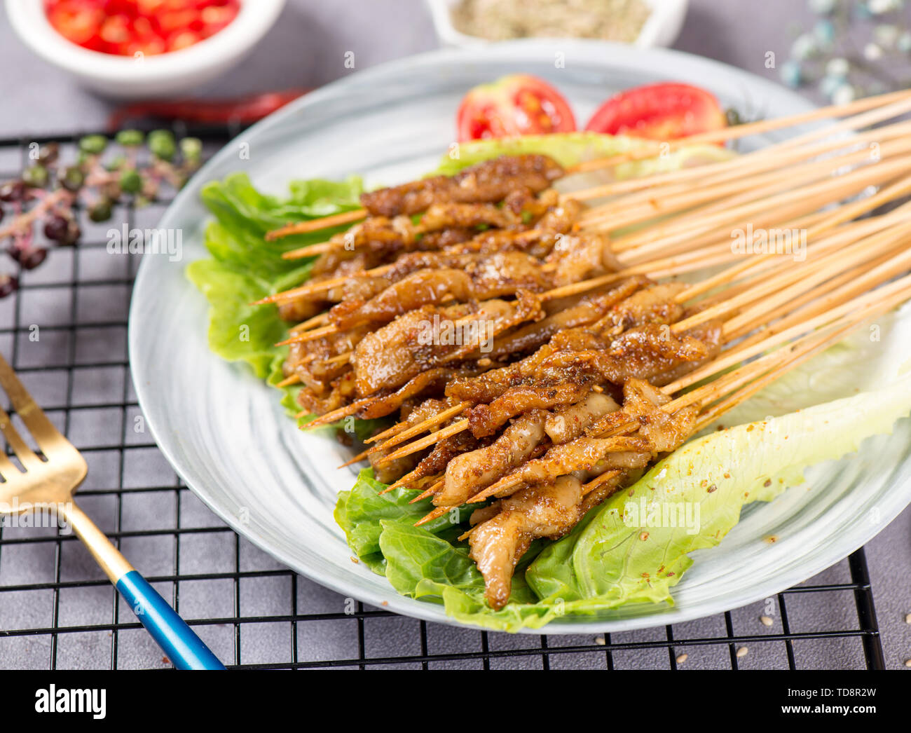 Iron plate barbecue lamb kebab, duck gizzard, lamb, pork beef Stock ...