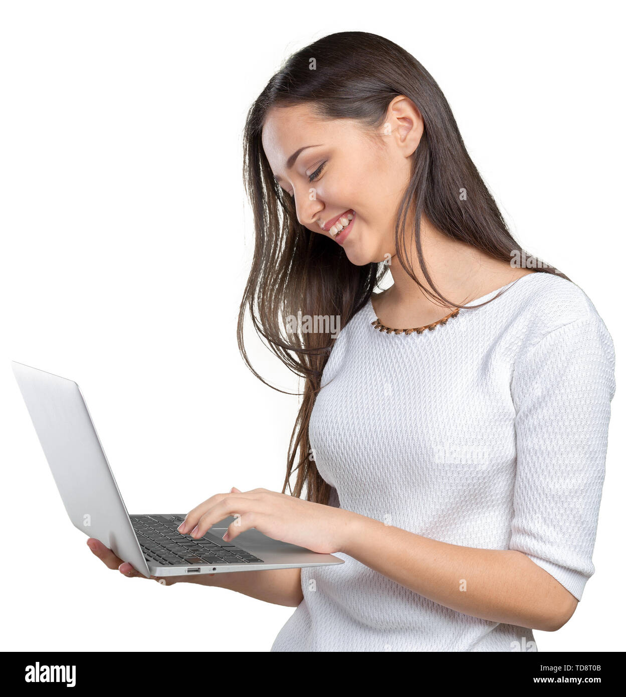 portrait of beautiful young woman holding laptop isolated Stock Photo ...
