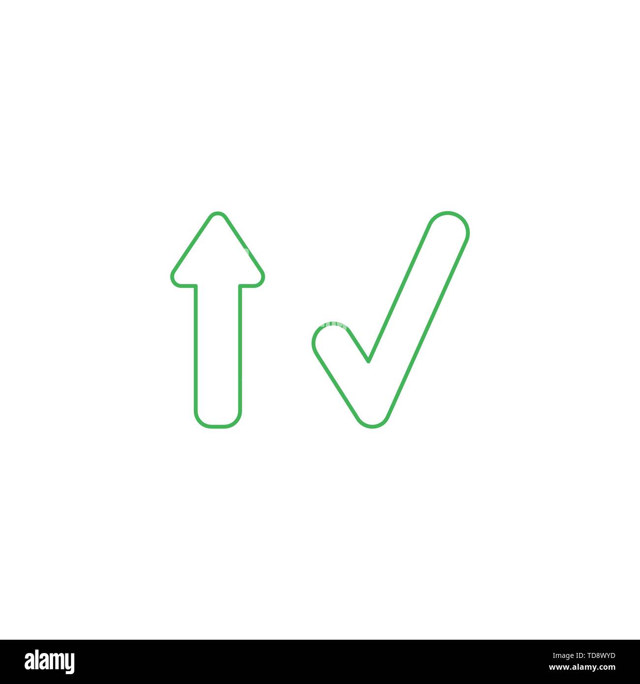 Vector icon concept of arrow pointing up and check mark. White ...