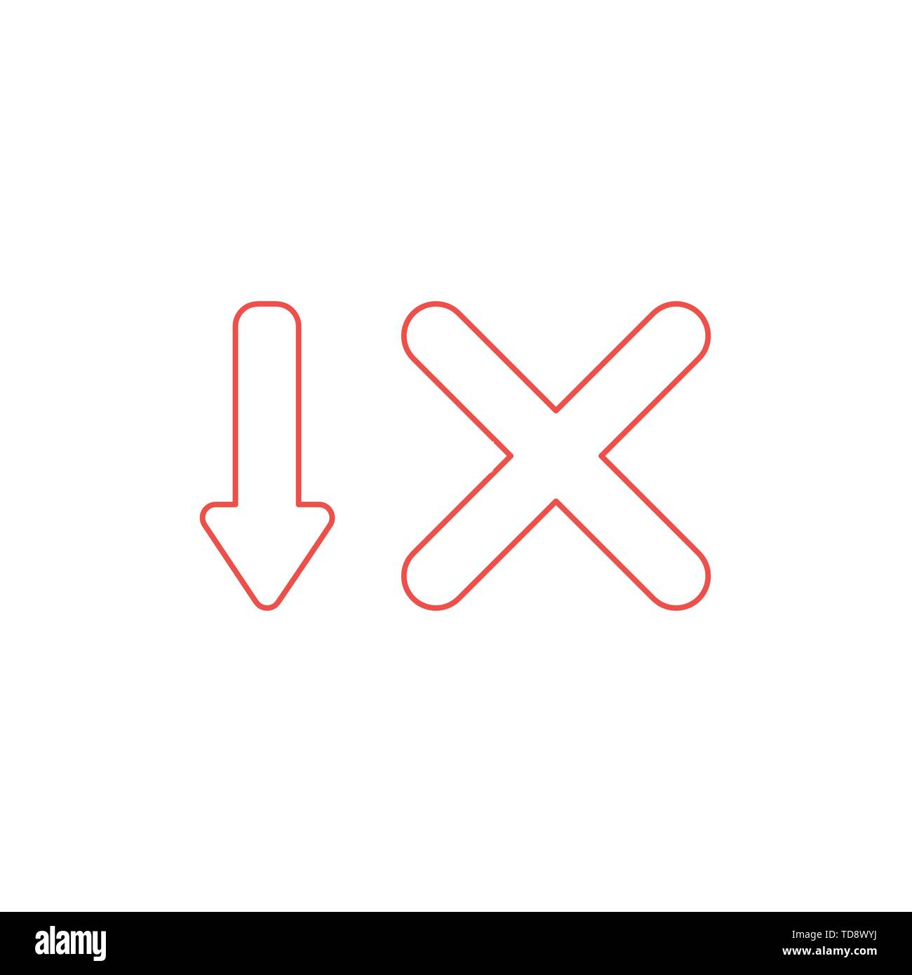Vector icon concept of arrow pointing down and x mark. White background ...