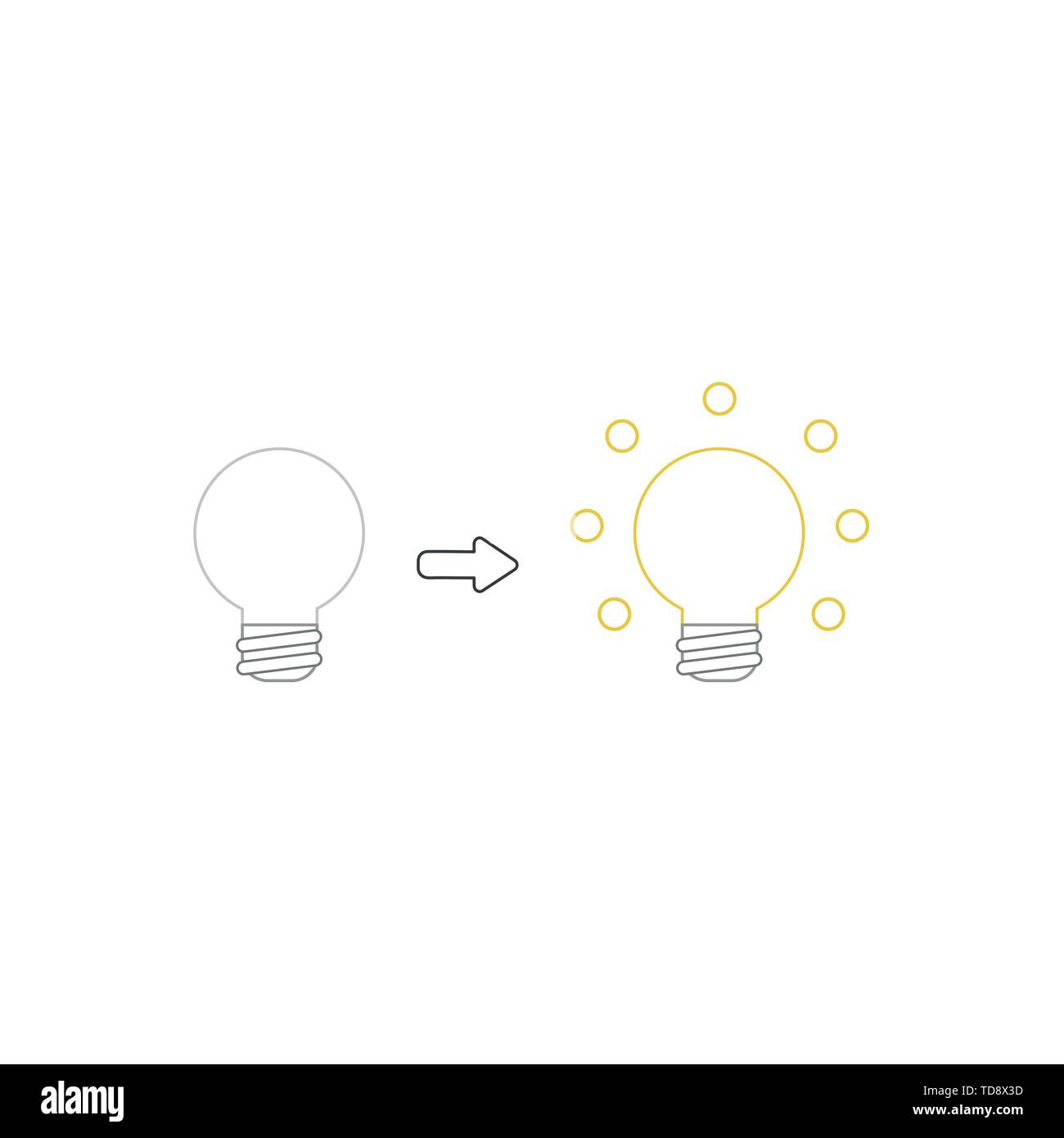 Vector icon concept of grey light bulb and glowing light bulb, bad and ...