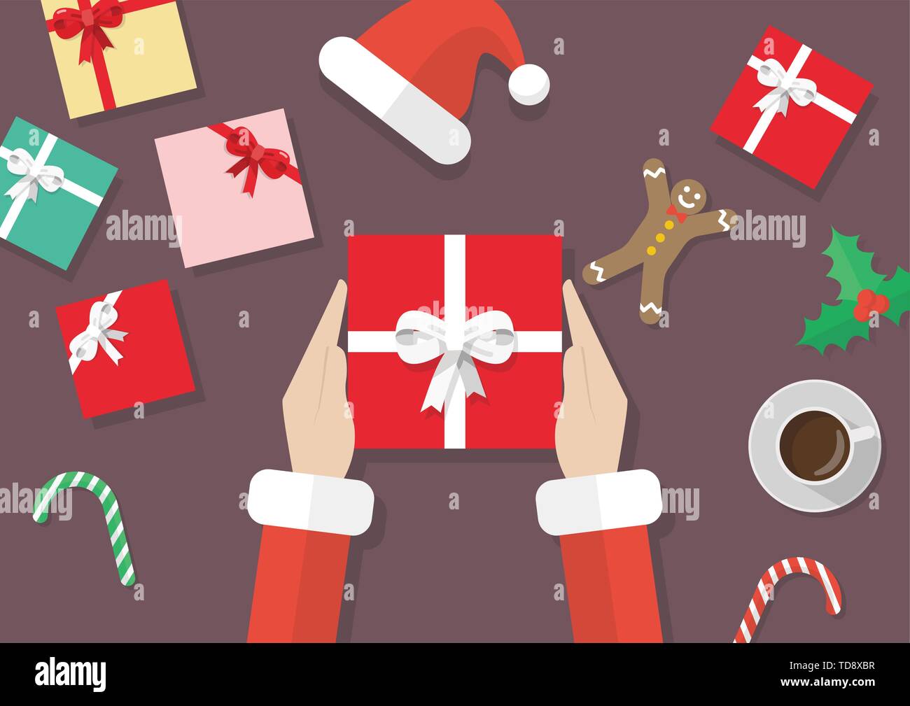 Santa hands holding gift box with christmas elements. Vector ...