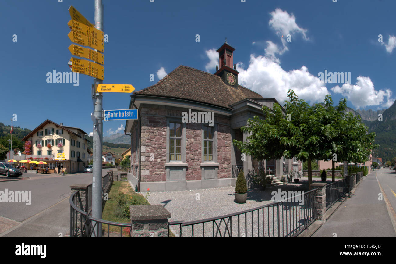 Town square of Flums, Swiss Alps, showing old town hall Stock Photo - Alamy