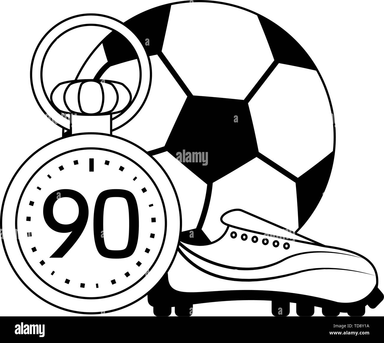 Soccer ball with boot and timer sport cartoons in black and white Stock ...